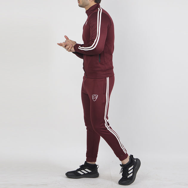 Maroon Poly Fleece Tracksuit With Two White Stripes