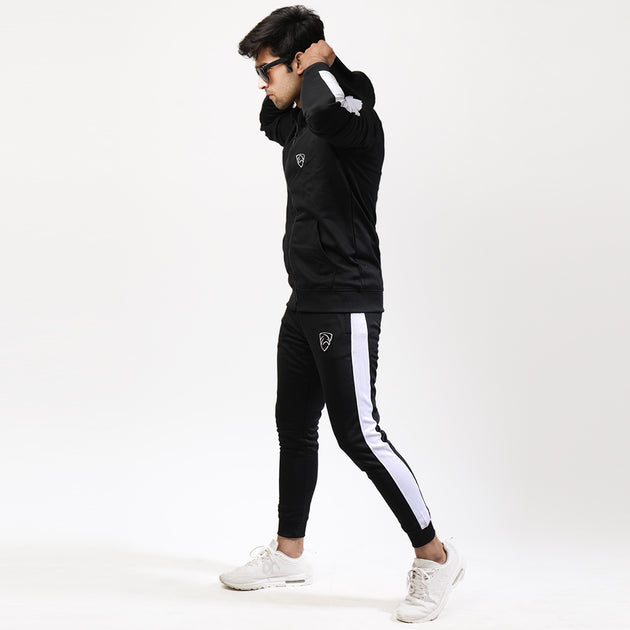 Black PolyFleece Tracksuit With Side White Panel and Hood